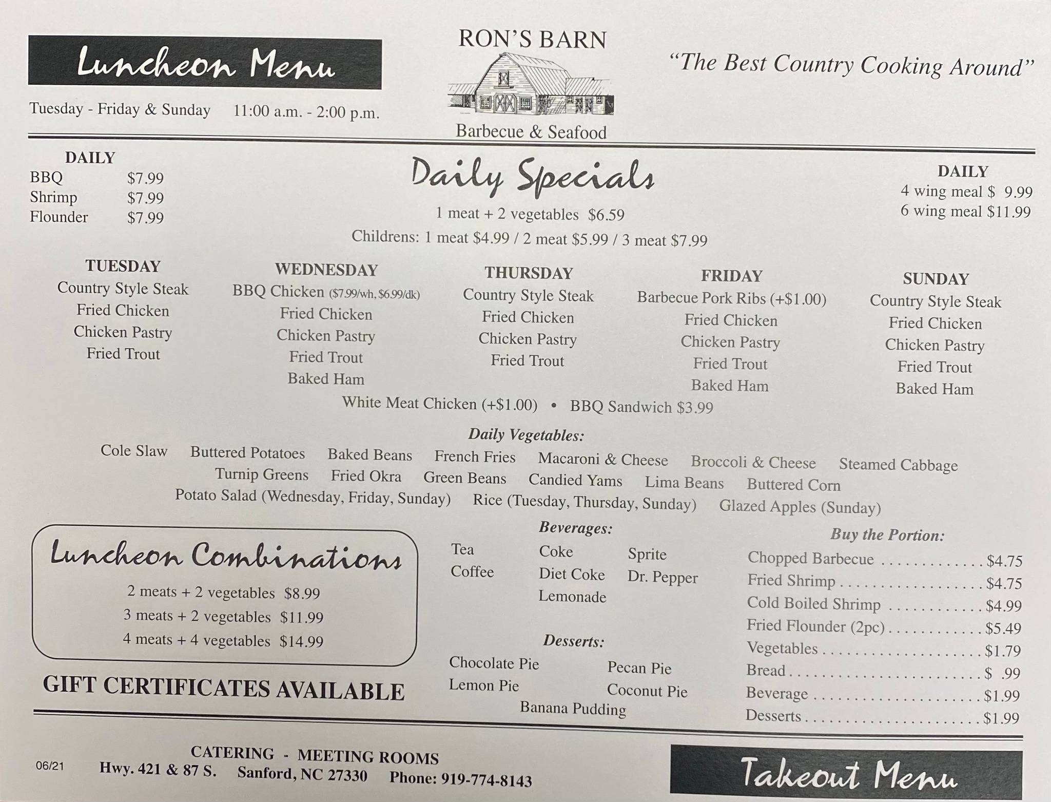 Menu at Ron's Barn Barbecue & Seafood, Sanford