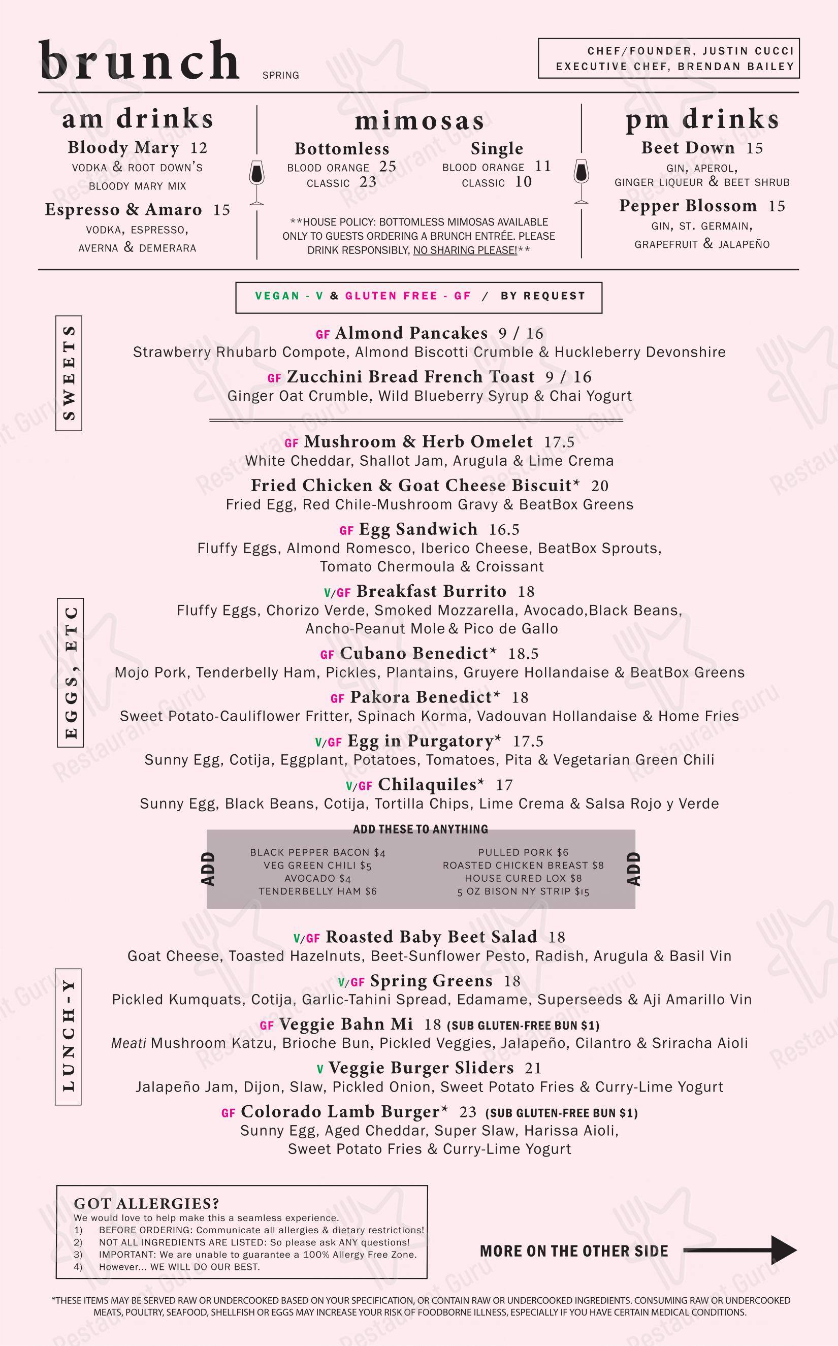 Menu at Root Down restaurant, Denver, W 33rd Ave