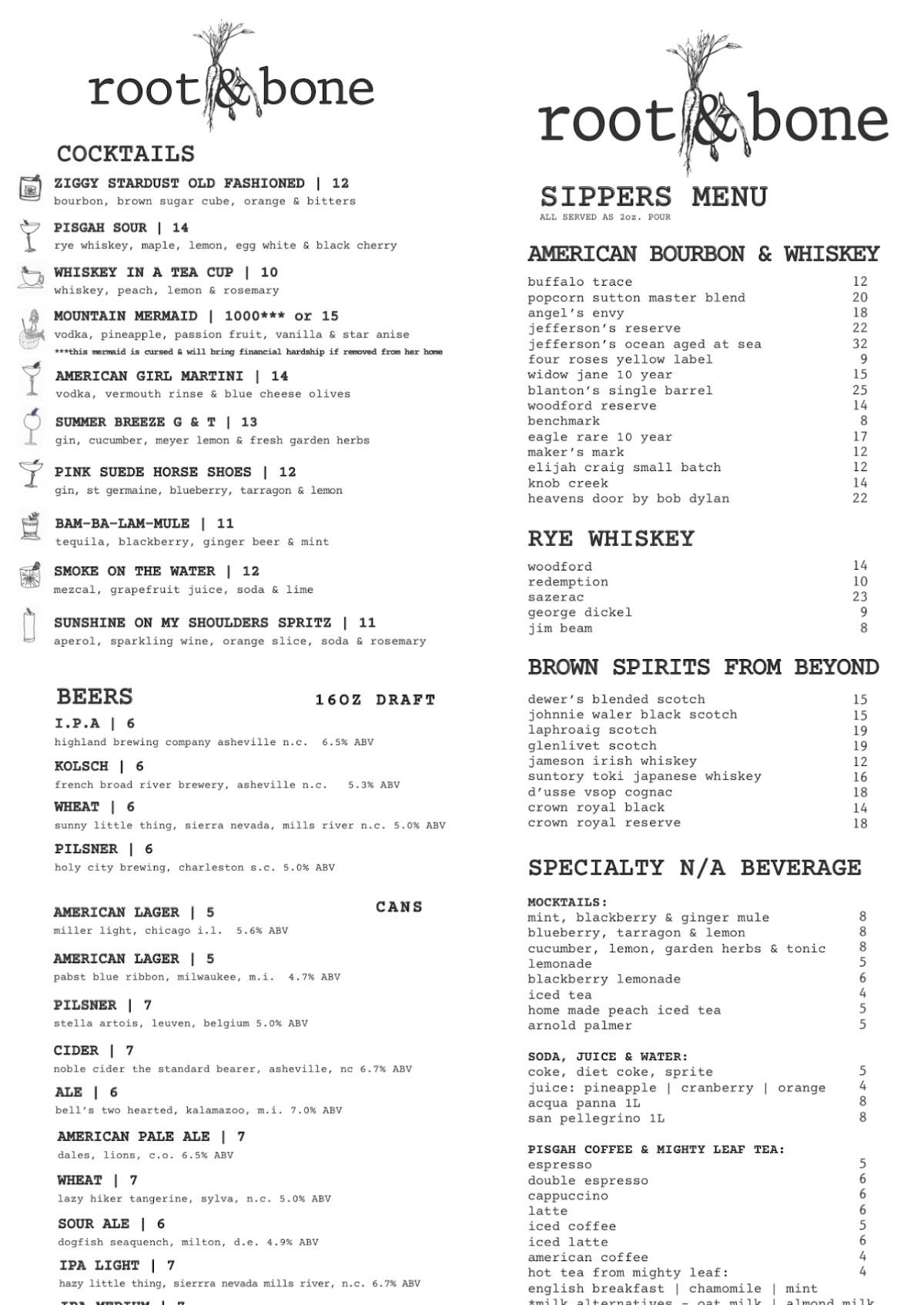Menu at Root & Bone - Hendersonville pub & bar, Horse Shoe
