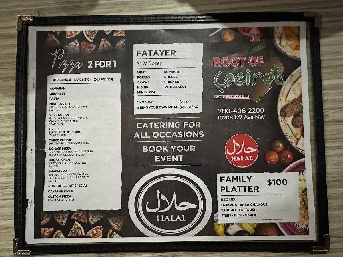 Menu at Root of Beirut pizzeria, Edmonton