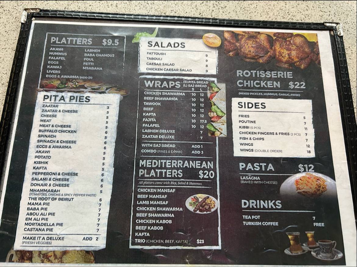 Menu at Root of Beirut pizzeria, Edmonton