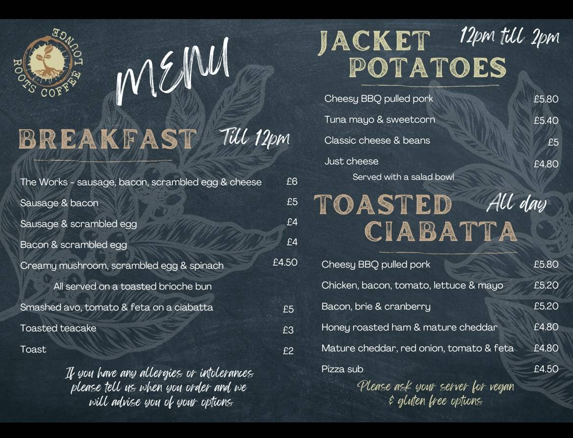 Menu at Roots Coffee Lounge cafe, Mansfield