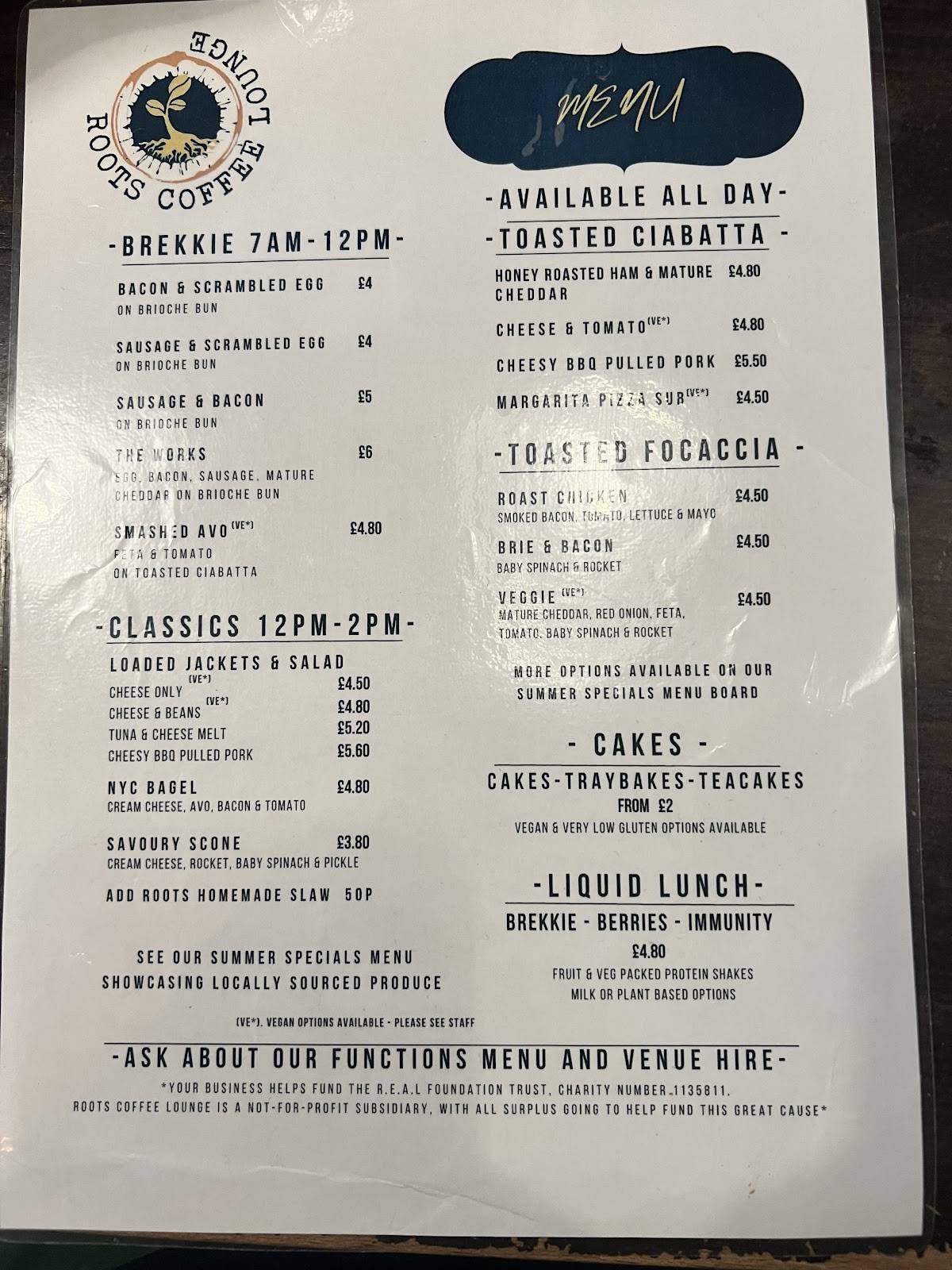 Menu at Roots Coffee Lounge cafe, Mansfield