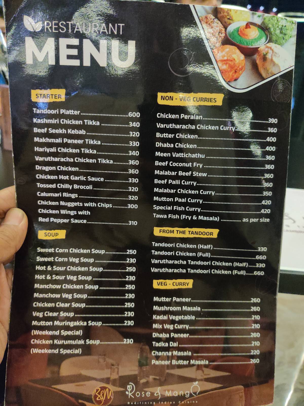 Menu at Rose and Mango, Kochi