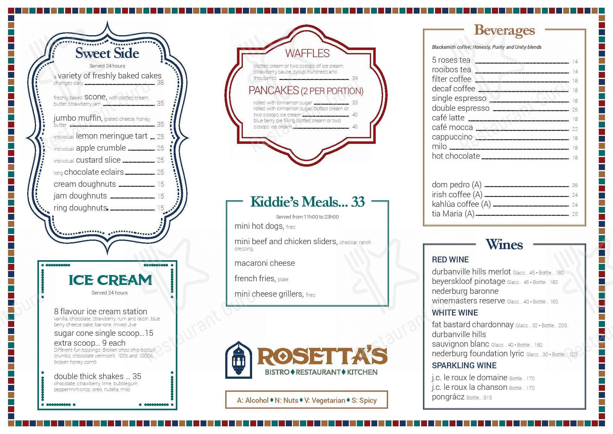 Menu at Rosetta's Bistro restaurant, Boksburg