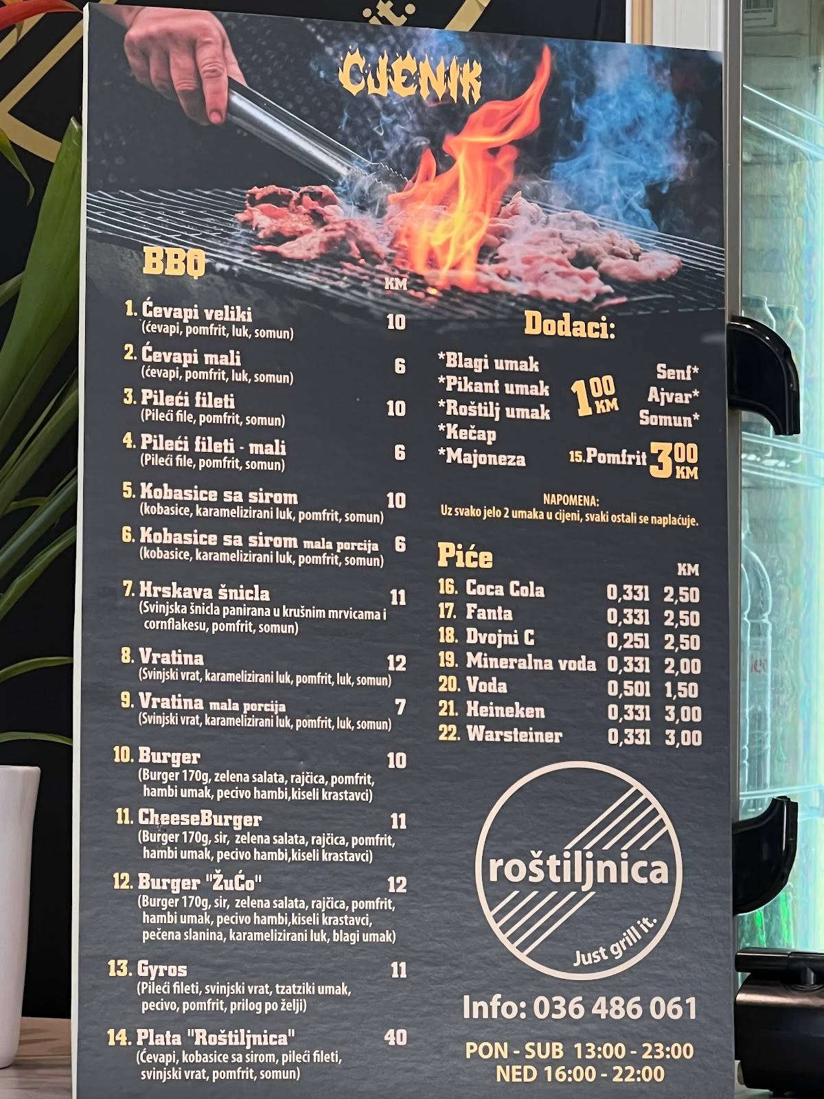 Menu at Roštiljnica, Bosnia and Herzegovina
