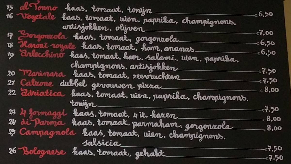 Menu at Little Italy, Rotterdam