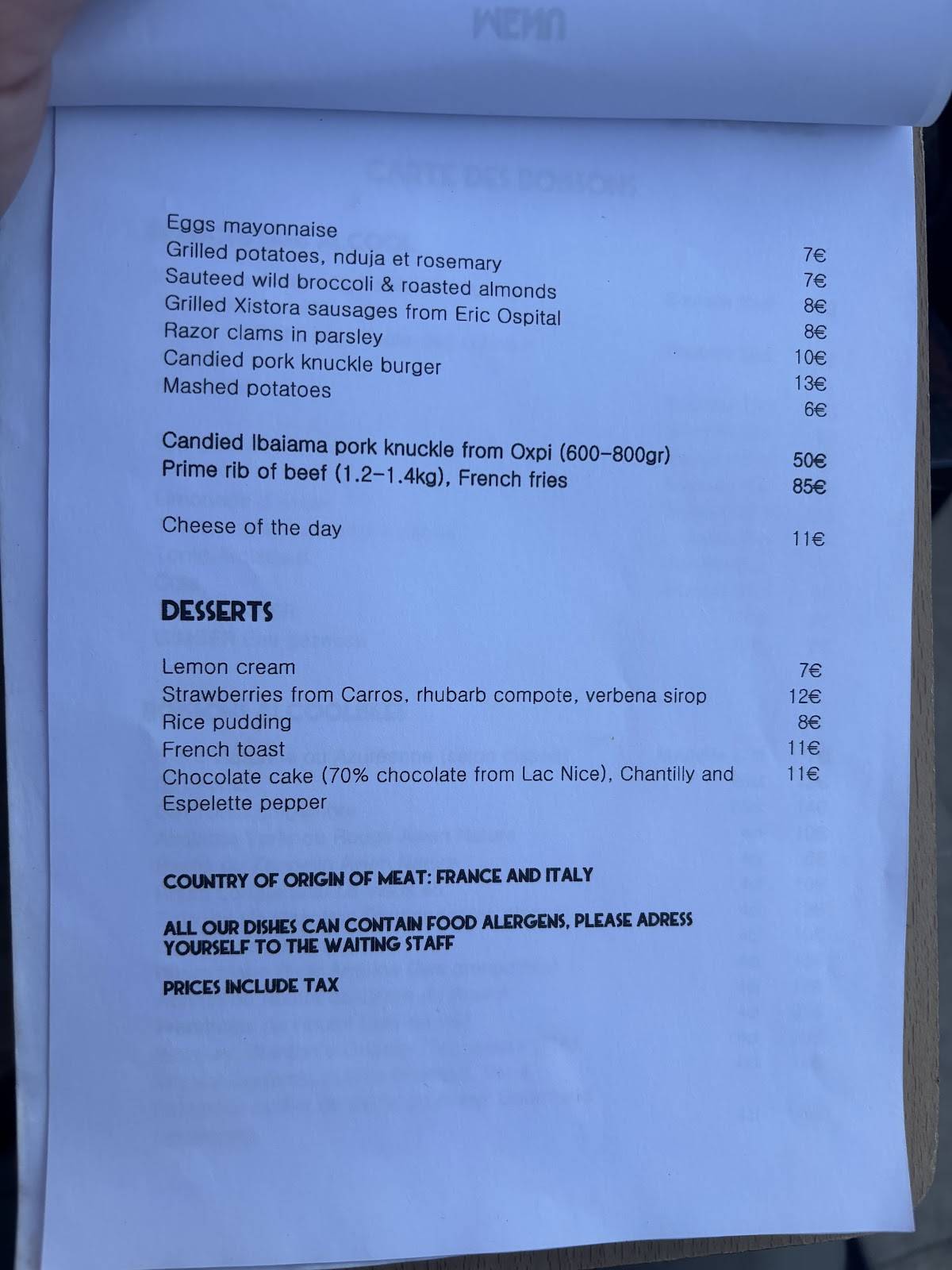 Menu at Rouge restaurant, Nice