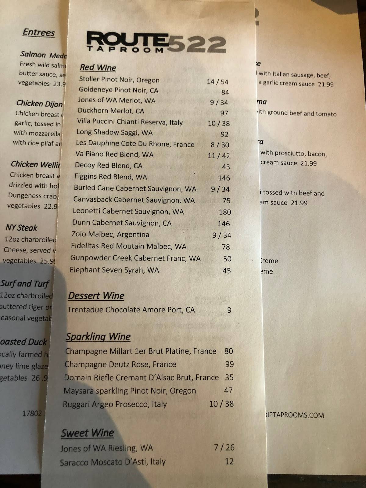 Menu at Route 522 Taproom "The 522" pub & bar, Woodinville