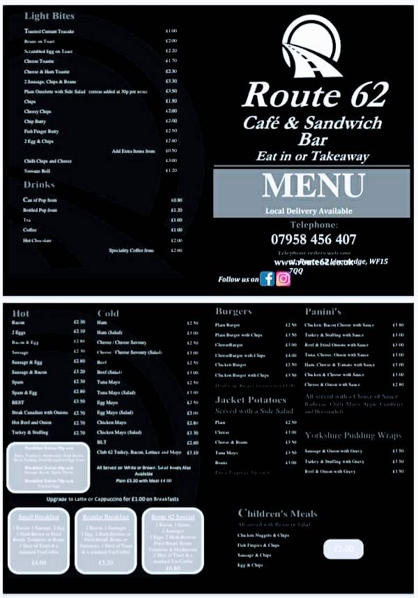 Menu at Route 62 cafe, Liversedge