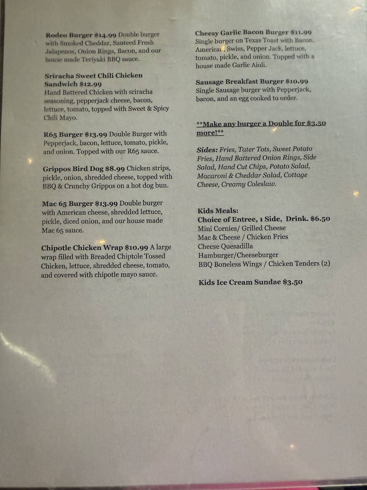 Menu at Route 65 Tavern restaurant, Cynthiana