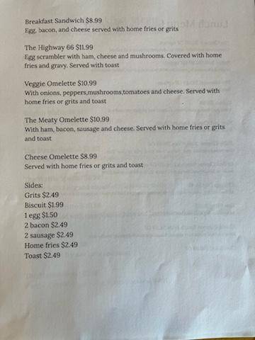 Menu at Route 66 diner restaurant, Pinellas Park