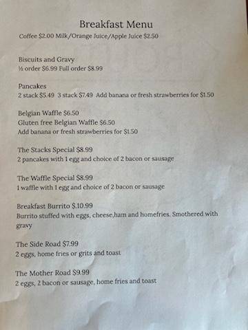 Menu at Route 66 diner restaurant, Pinellas Park