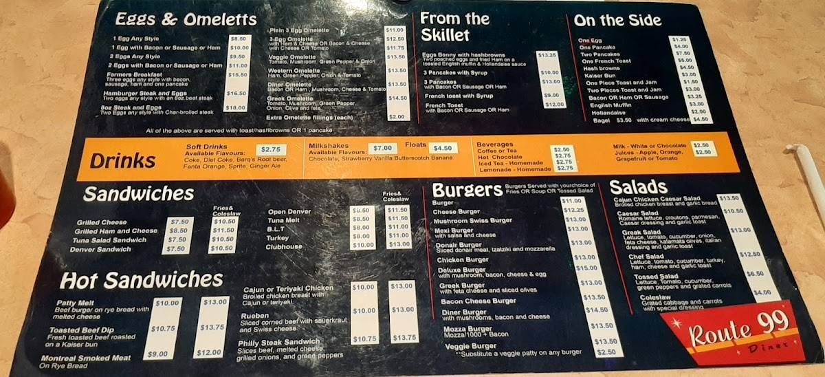 Menu at Route 99 Diner restaurant, Edmonton