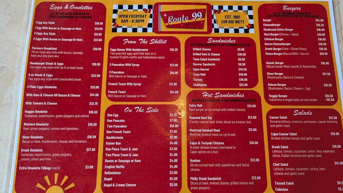 Menu at Route 99 Diner restaurant, Edmonton