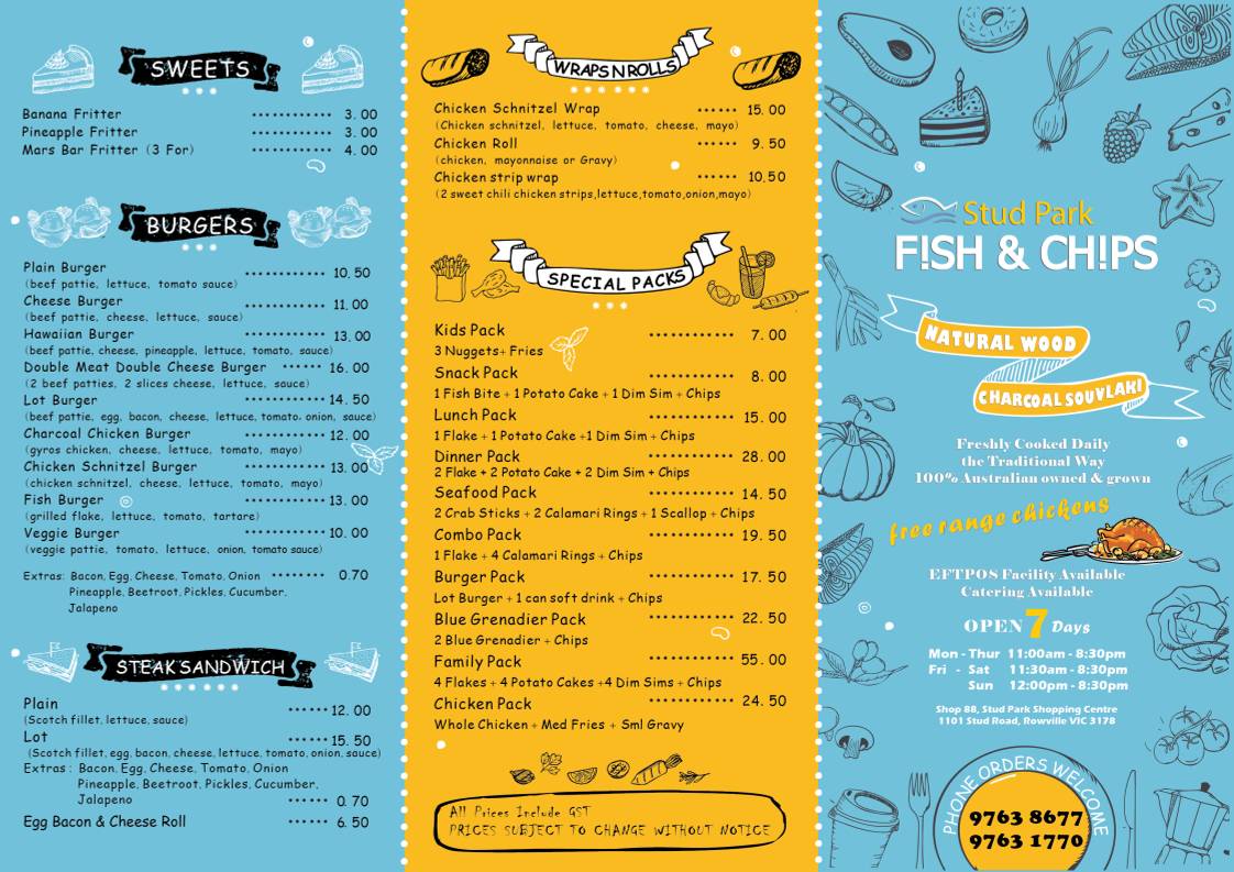 Menu at Stud Park Fish & Chips fast food, Rowville, Shop 88/1101 Stud Rd