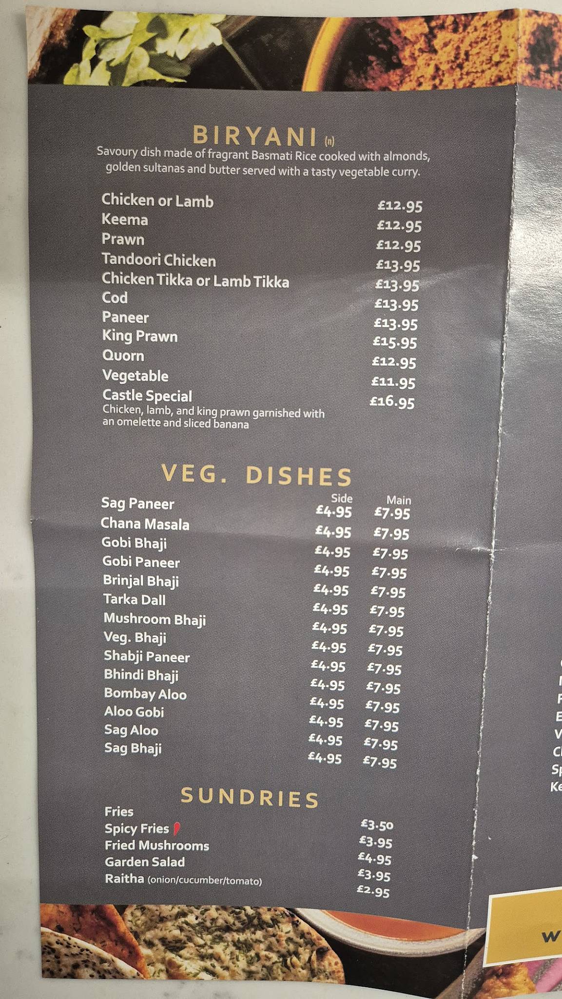 Menu at Castle Balti restaurant, Warwick
