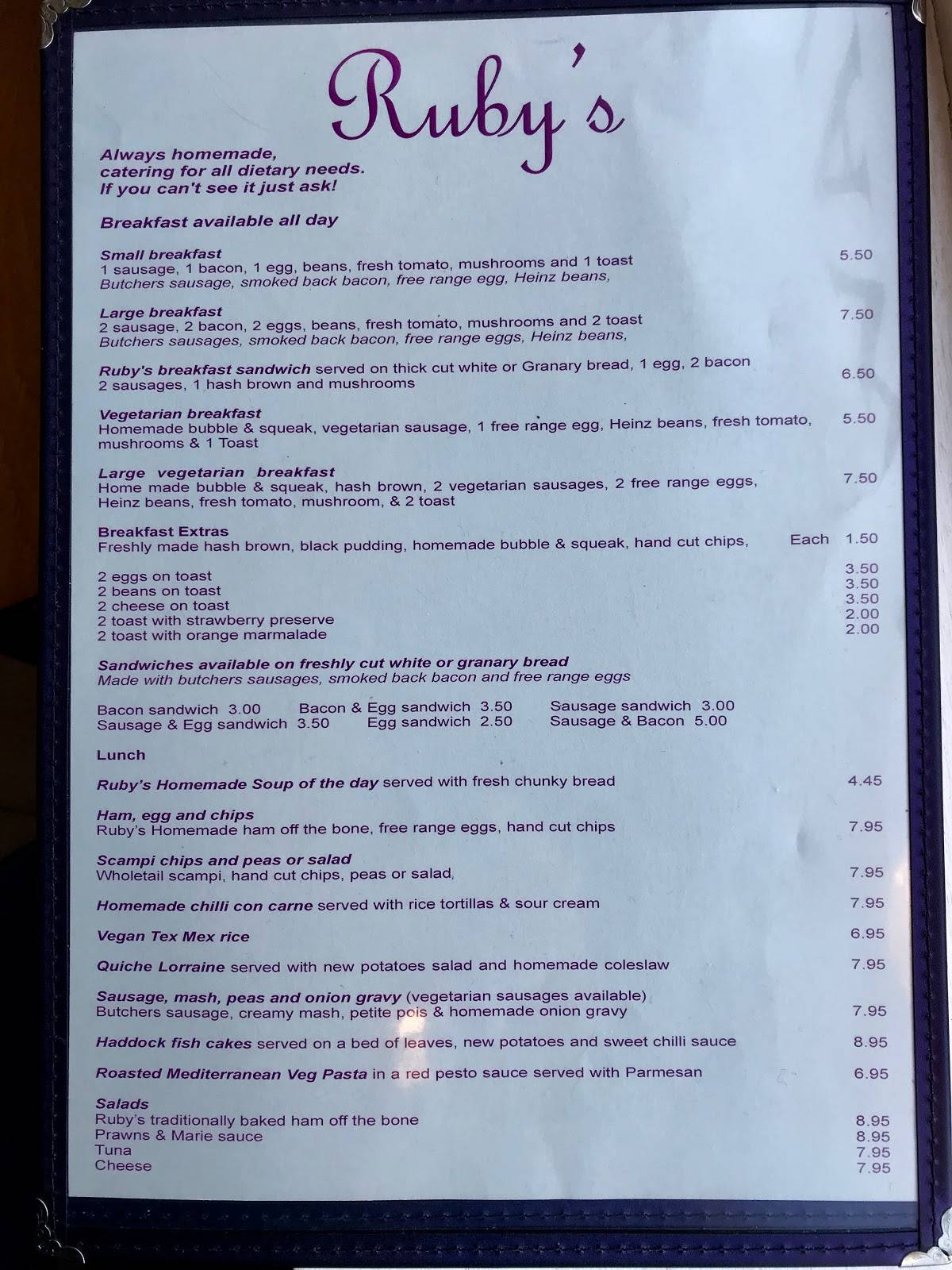Menu at Ruby's Kitchen cafe, Felixstowe