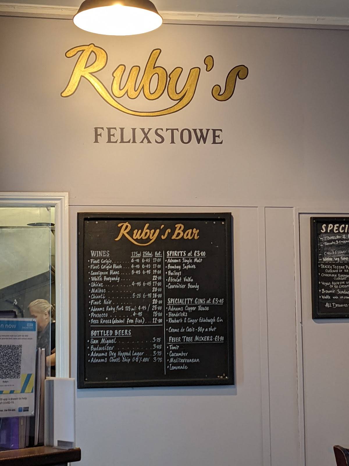Menu at Ruby's Kitchen cafe, Felixstowe