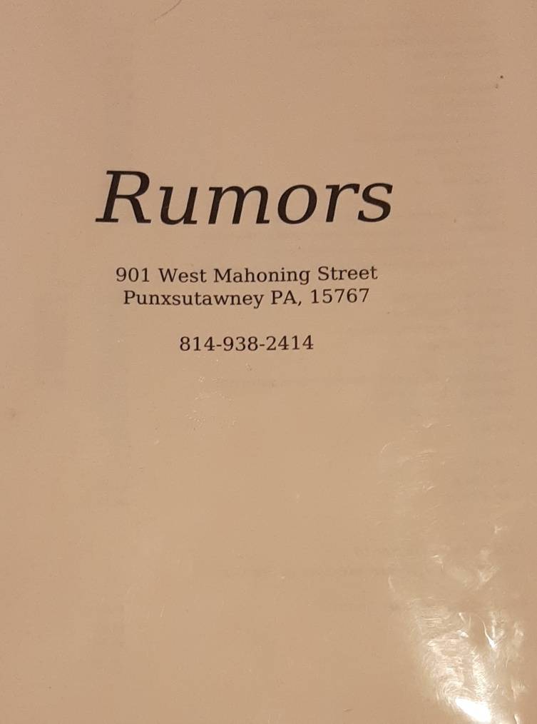 Menu at Rumors Tavern pub & bar, Punxsutawney