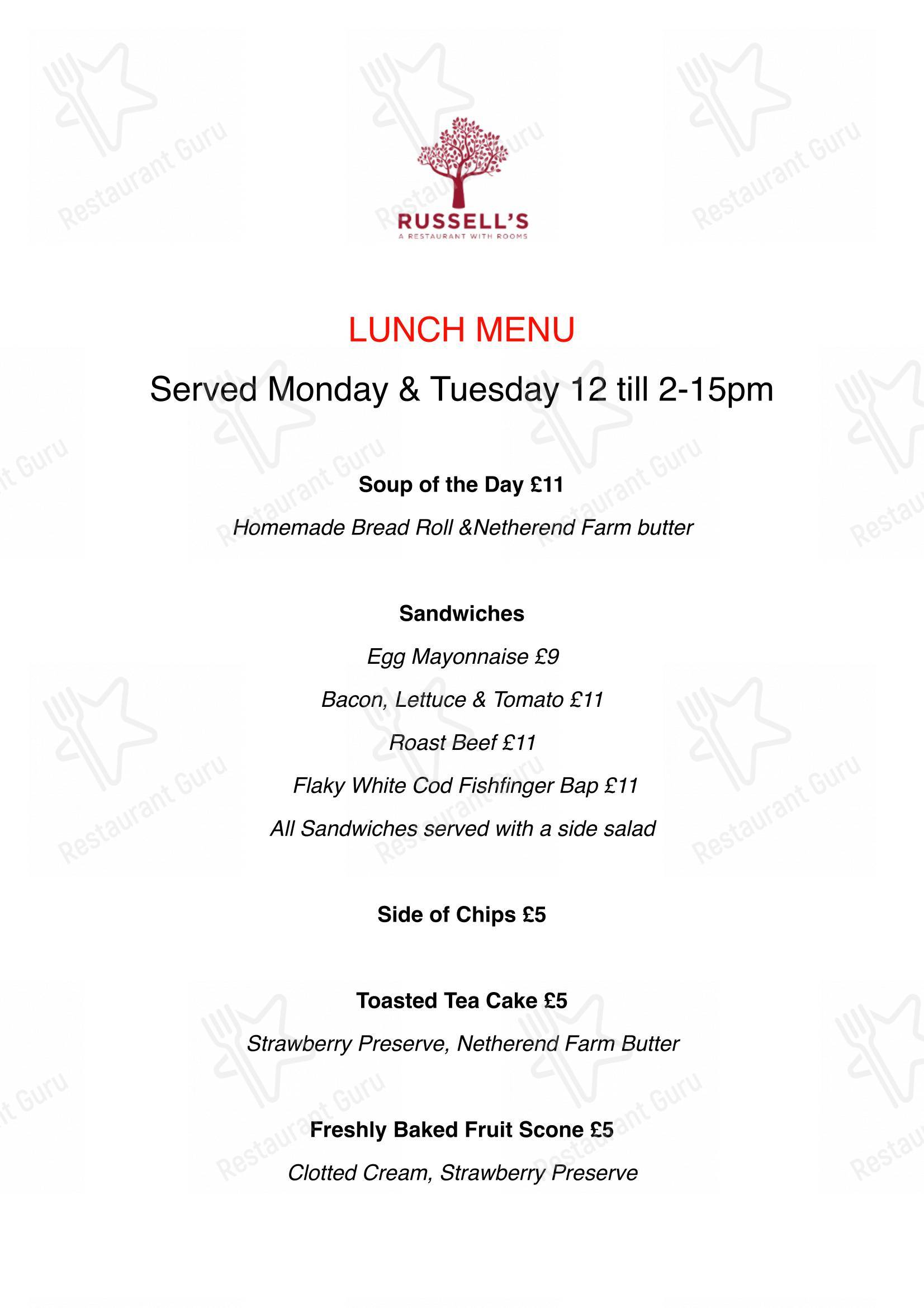 Menu at Russell’s of Broadway restaurant, Broadway