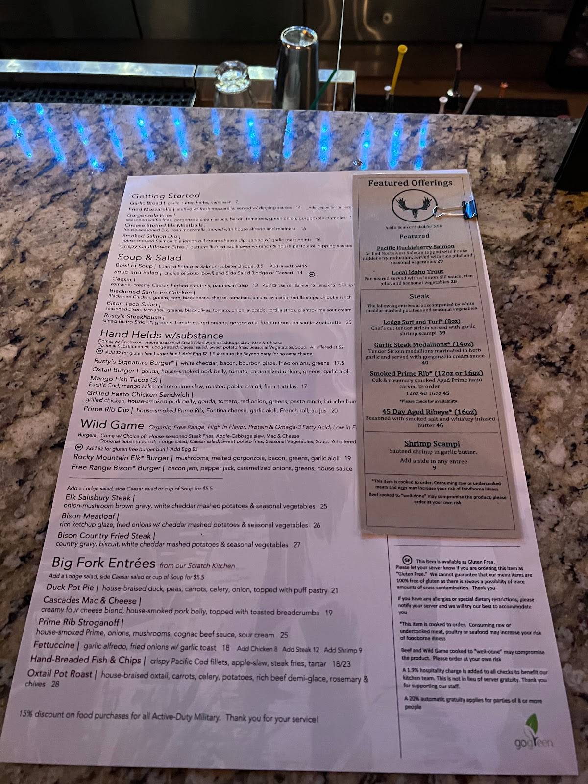 Menu at Rusty Moose steakhouse, Spokane, 9105 US-2