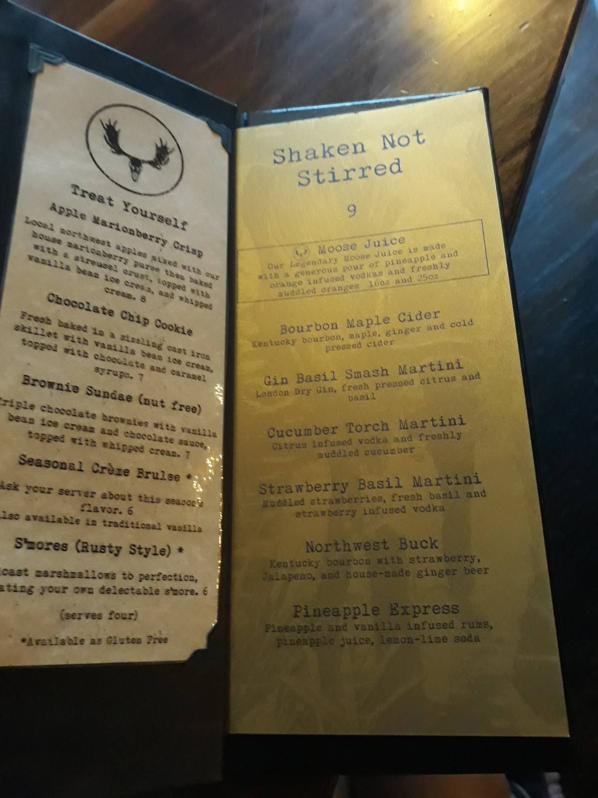Menu at Rusty Moose steakhouse, Spokane, 9105 US-2