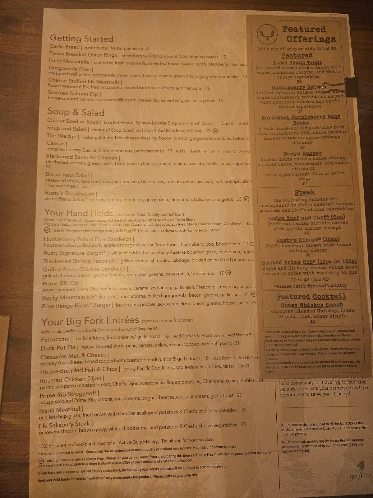 Menu at Rusty Moose steakhouse, Spokane, 9105 US-2