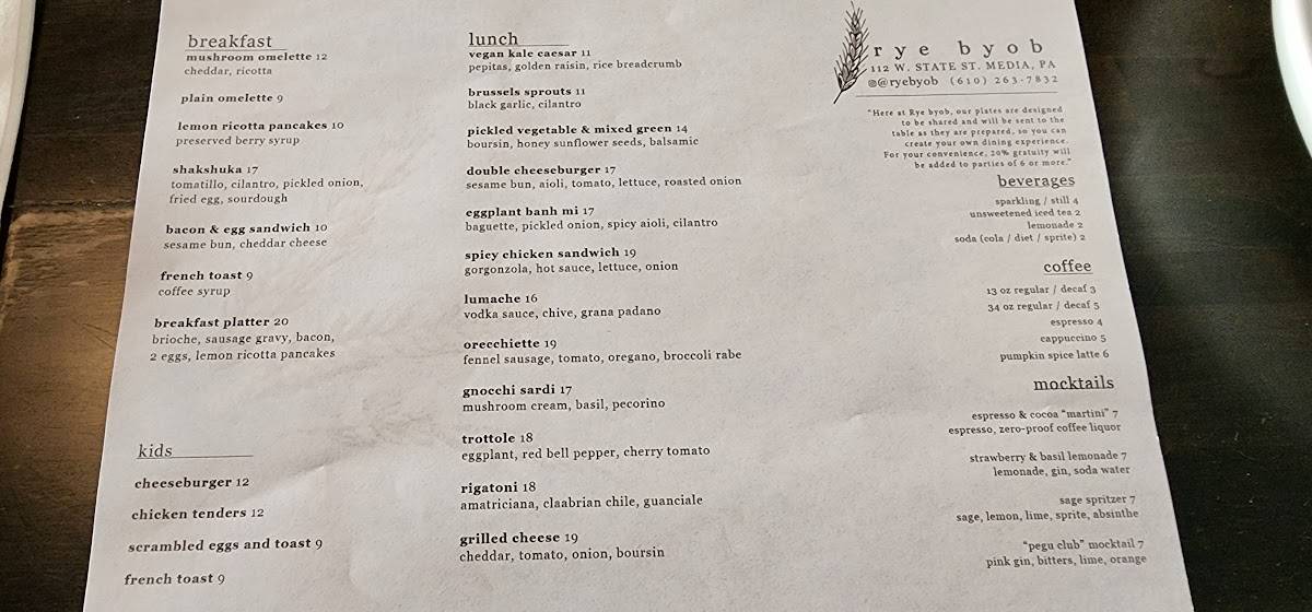 Menu at Rye Byob restaurant, Media