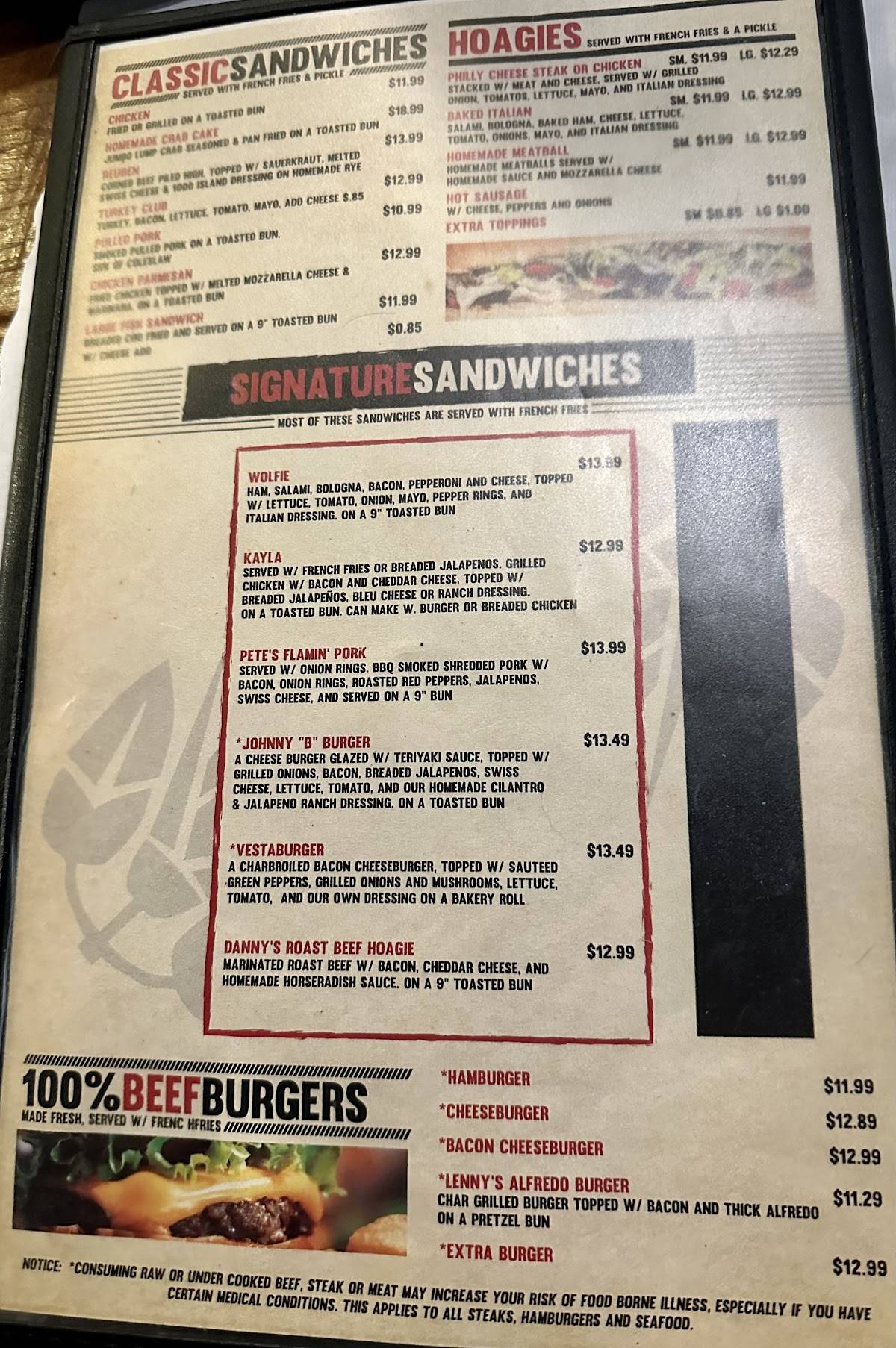 Menu at Rye's Bar & Restaurant, Brownsville