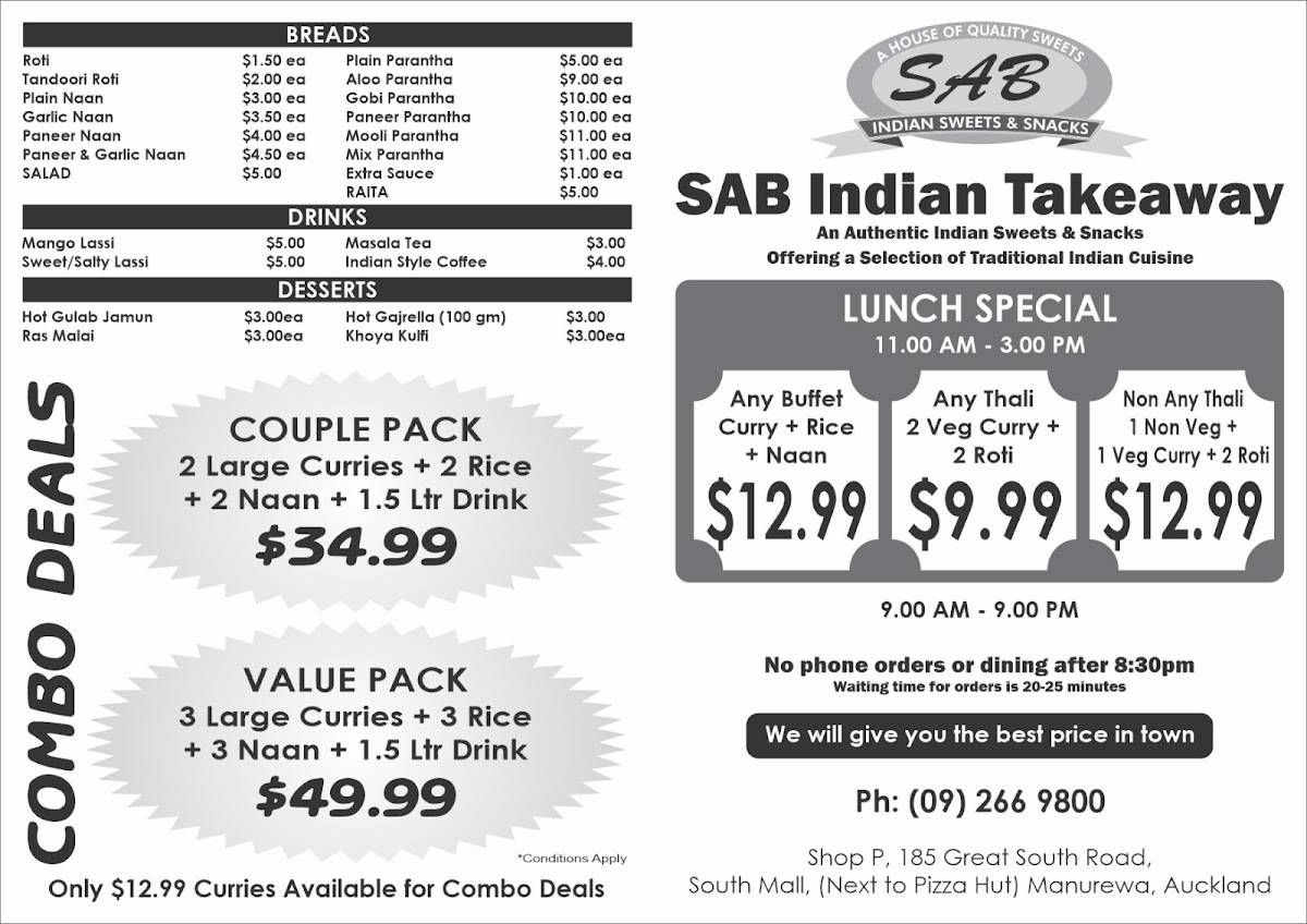 Menu at SAB Indian Sweets & Snacks restaurant, Auckland