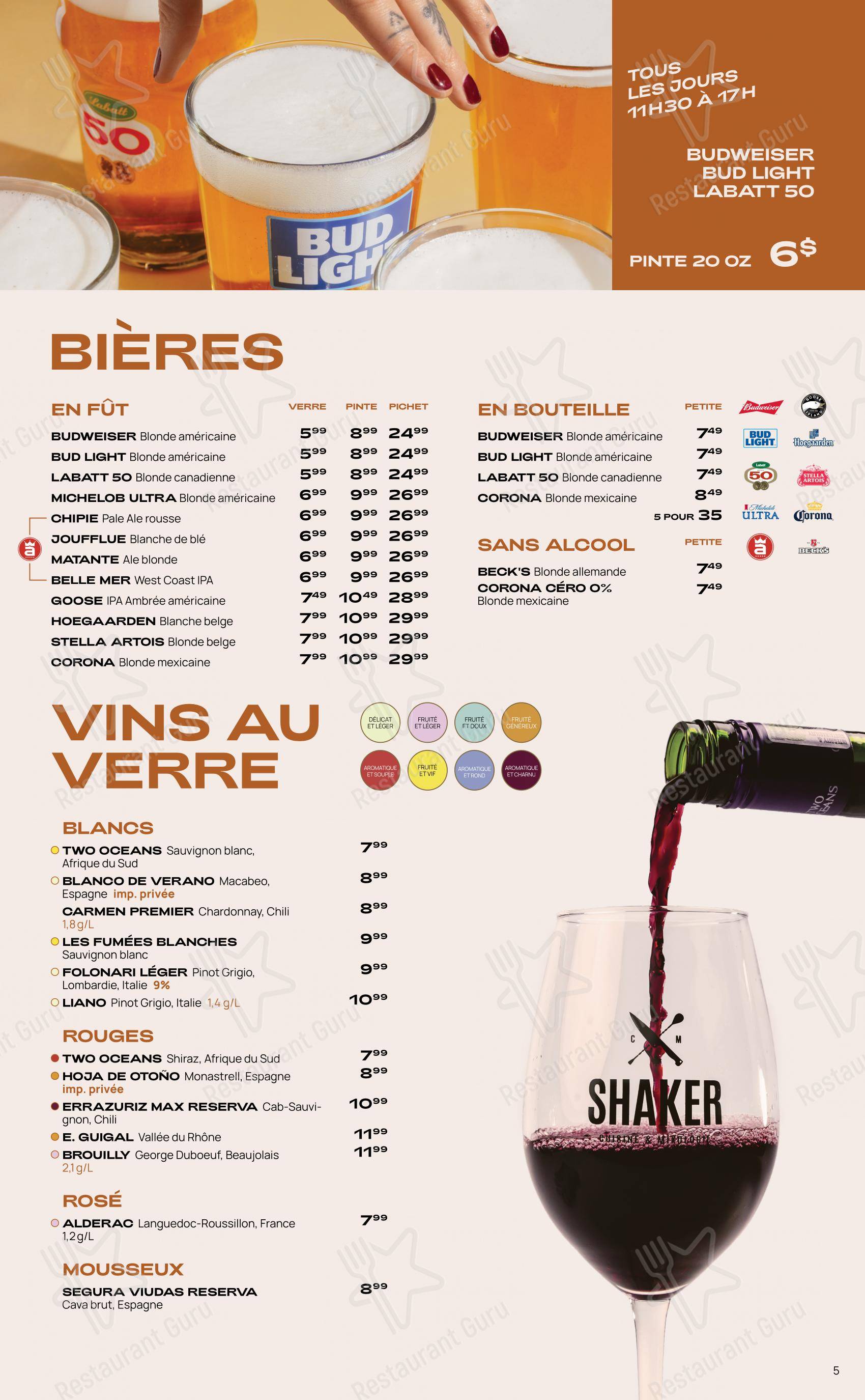 Menu au SHAKER Cuisine & Mixologie Centropolis restaurant, Laval