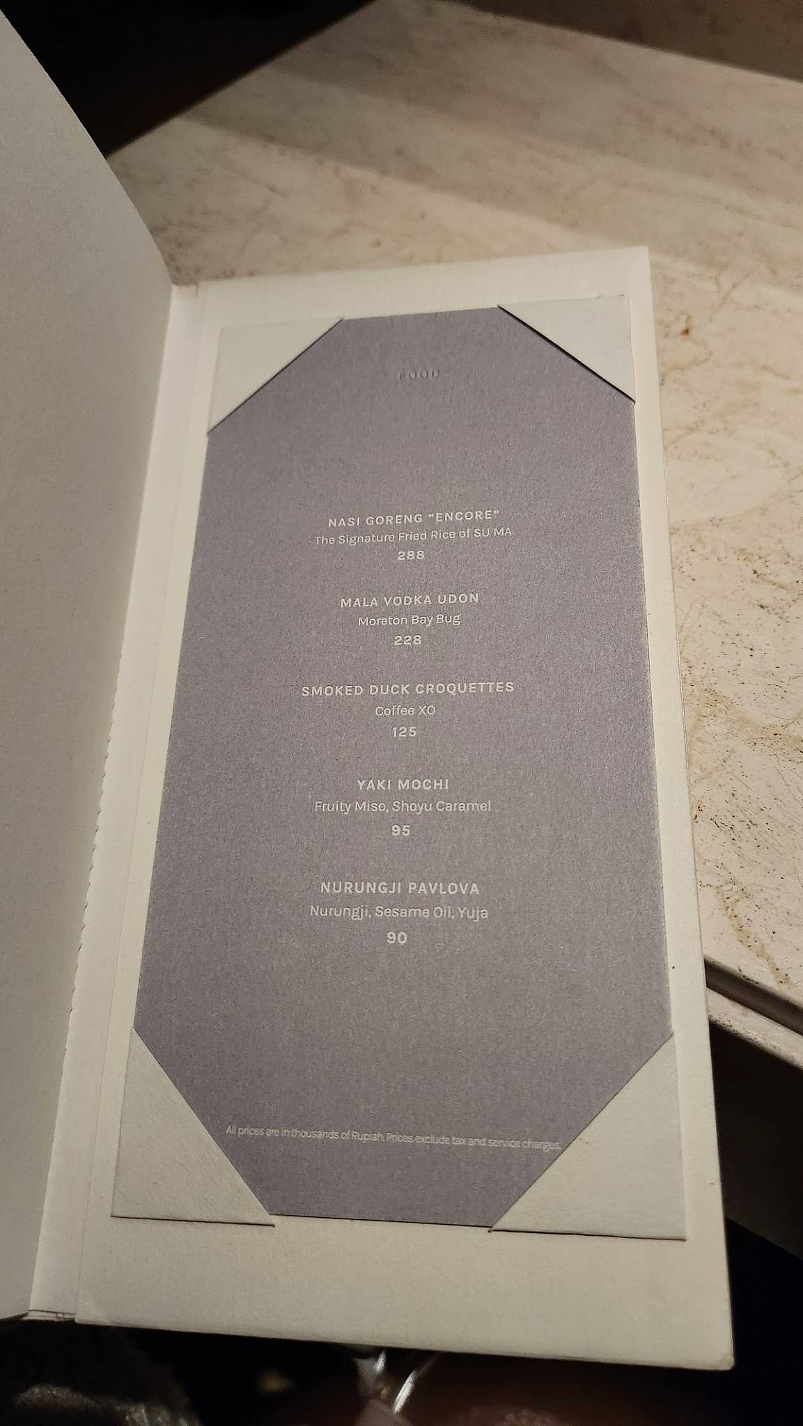 Menu at SUMA Jakarta restaurant, South Jakarta