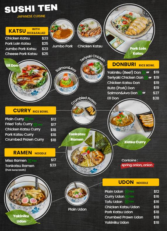 Menu at SUSHI TEN, Yarralumla