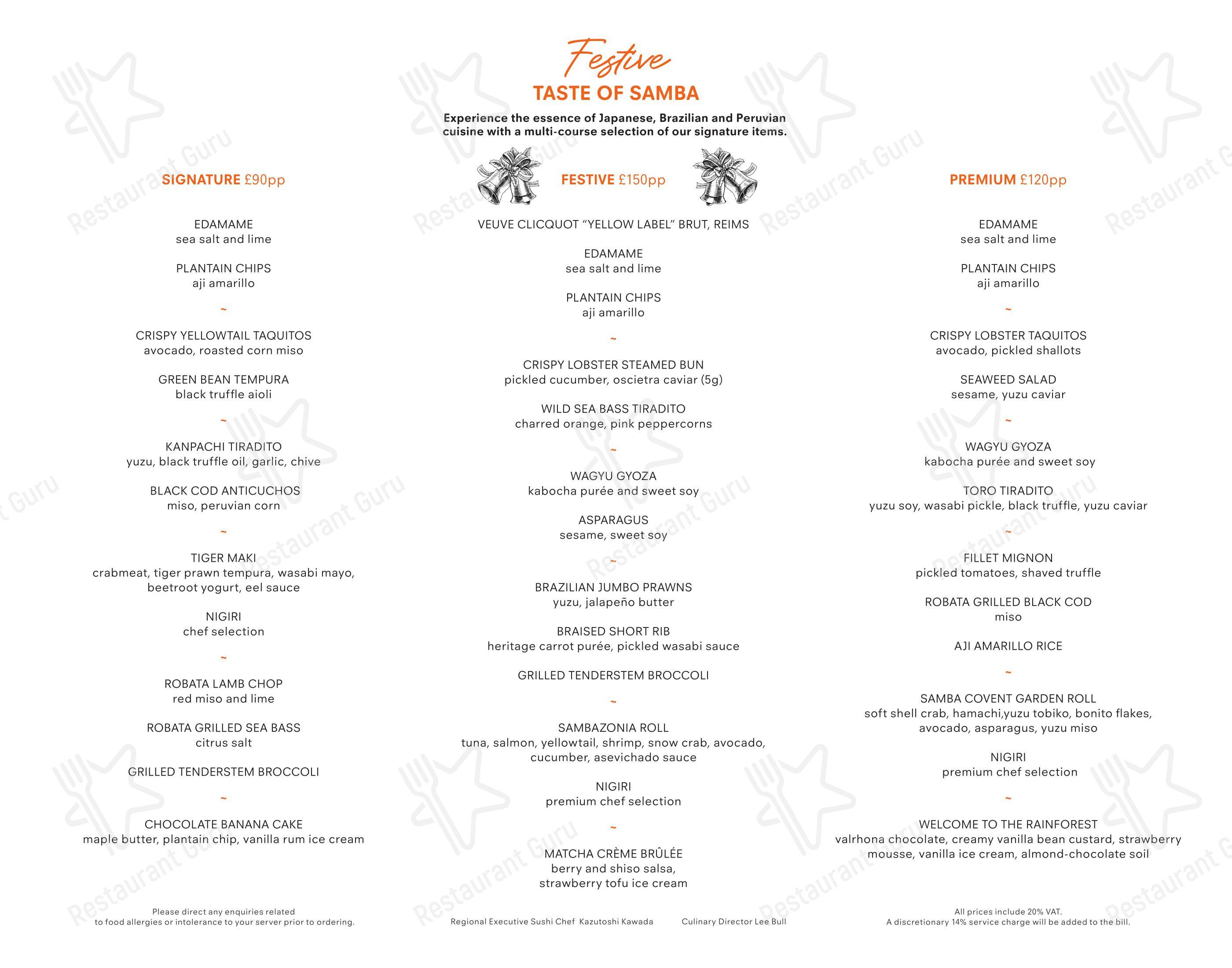Menu at SUSHISAMBA restaurant, London, 35 The Market