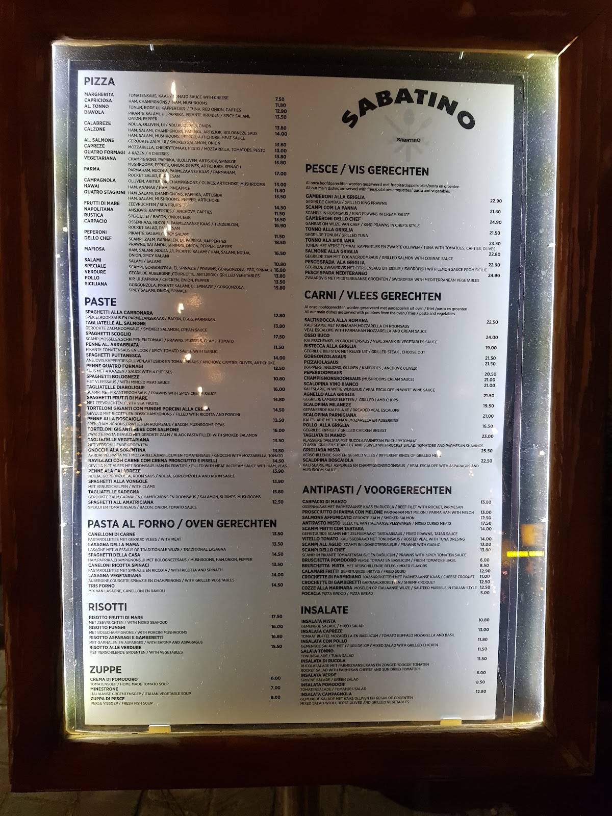 Menu at Sabatino, Antwerp