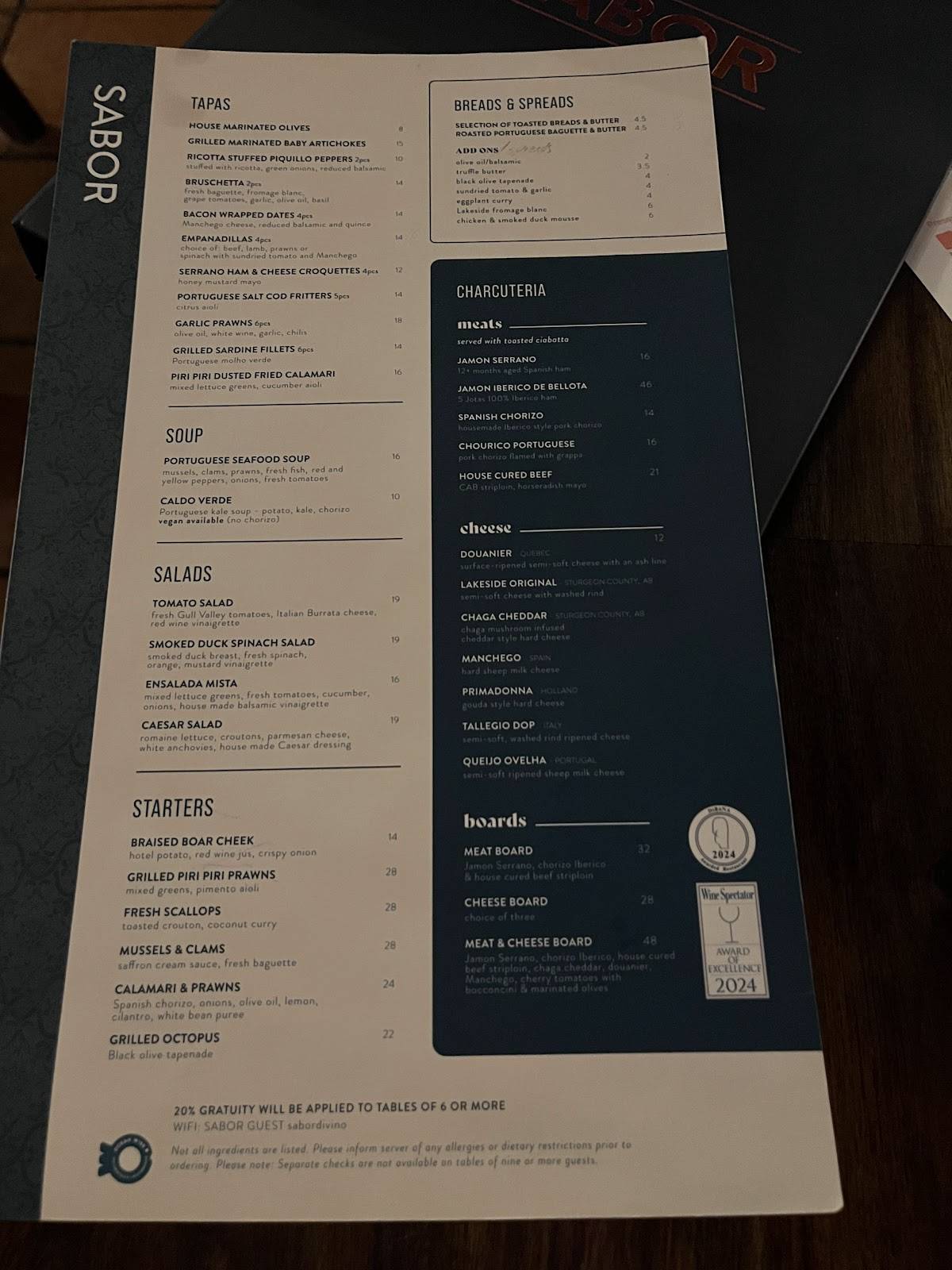 Menu at Sabor Restaurant, Edmonton