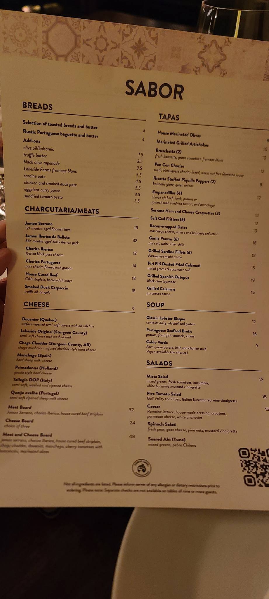 Menu at Sabor Restaurant, Edmonton