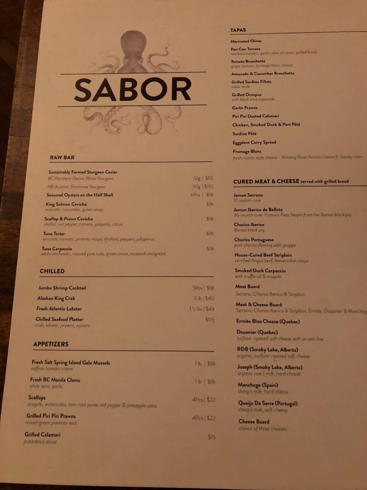 Menu at Sabor Restaurant, Edmonton
