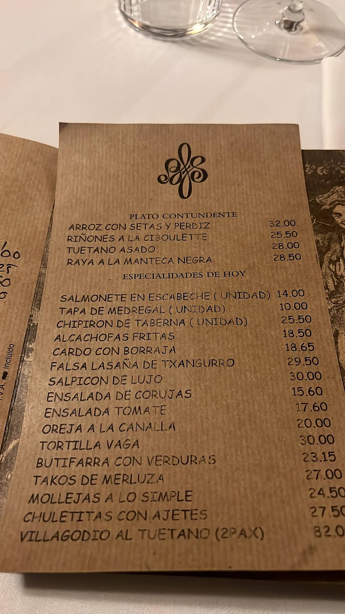 Carta de Restaurante Sacha, Madrid