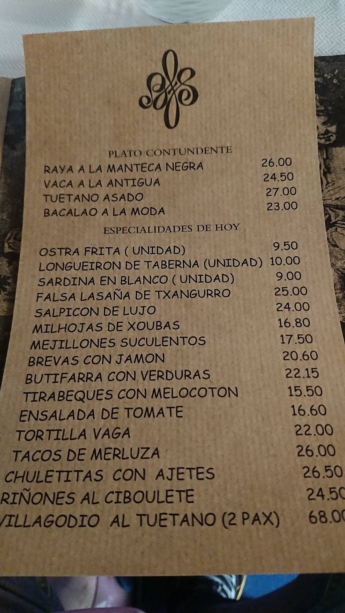 Menu at Sacha Restaurant, Madrid