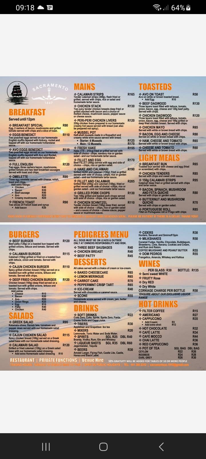 Menu at Sacramento restaurant, Port Elizabeth