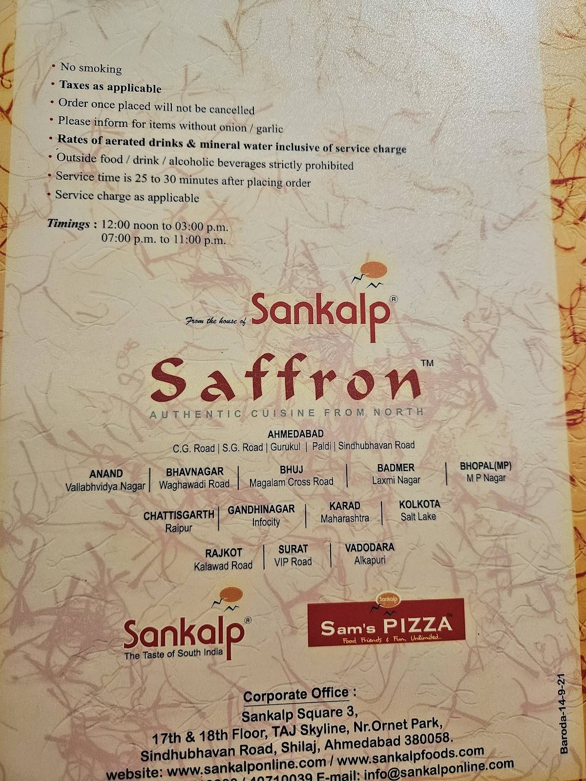 Menu at Saffron Restaurant, Vadodara, 02