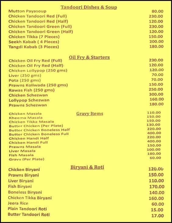 Menu at Sahani Tandoori Corner, Mumbai