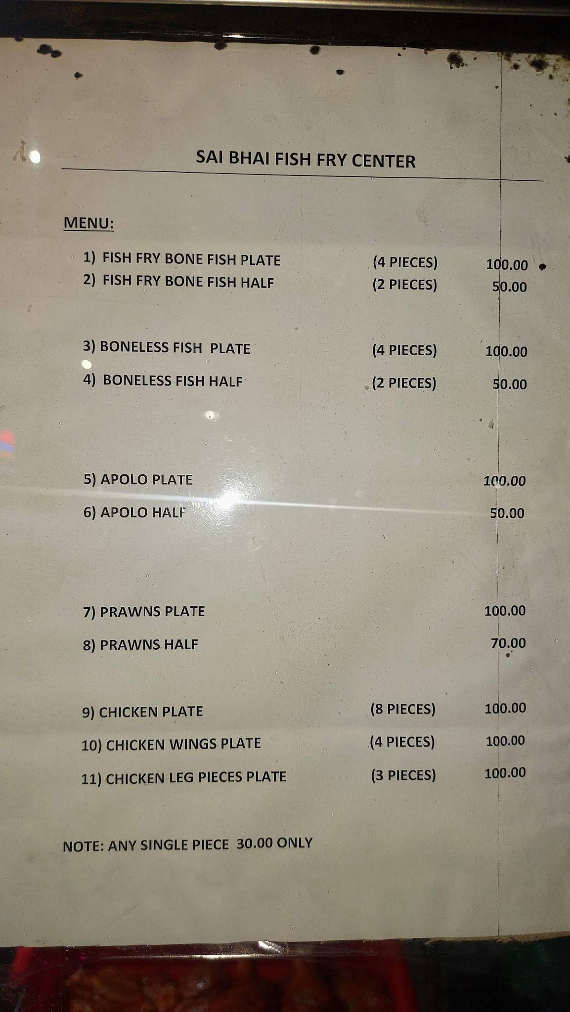 Menu at Sai Bhai Fish Fry Center, Hyderabad, 6-1-1060/G