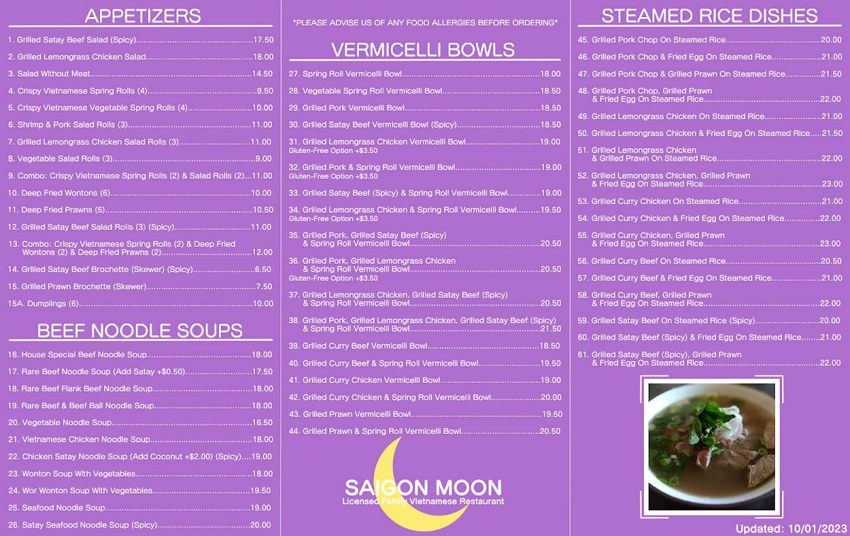 Menu at Saigon Moon restaurant, Black Diamond