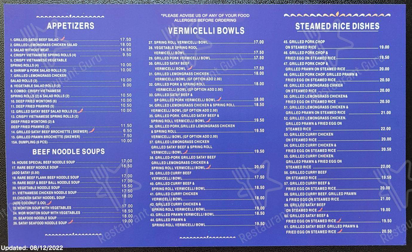 Menu at Saigon Moon restaurant, Black Diamond