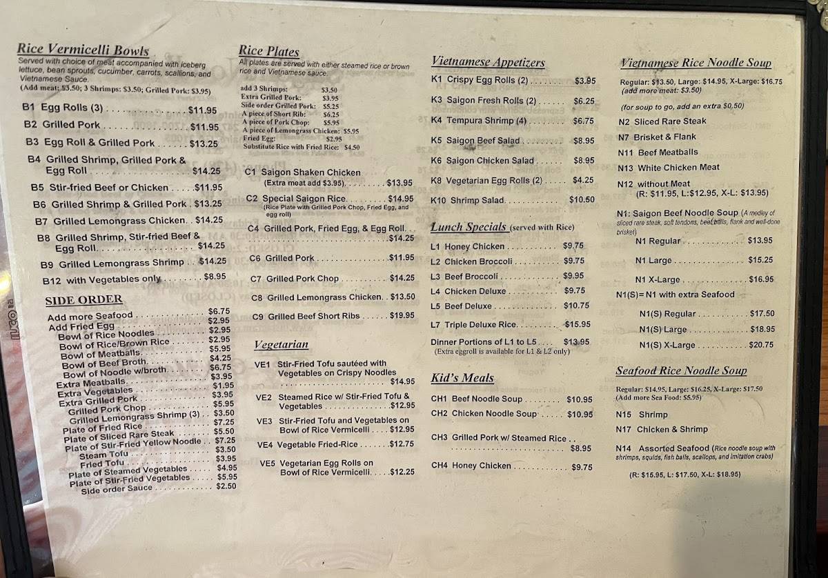 Menu at Saigon Noodle House restaurant, Warner Robins