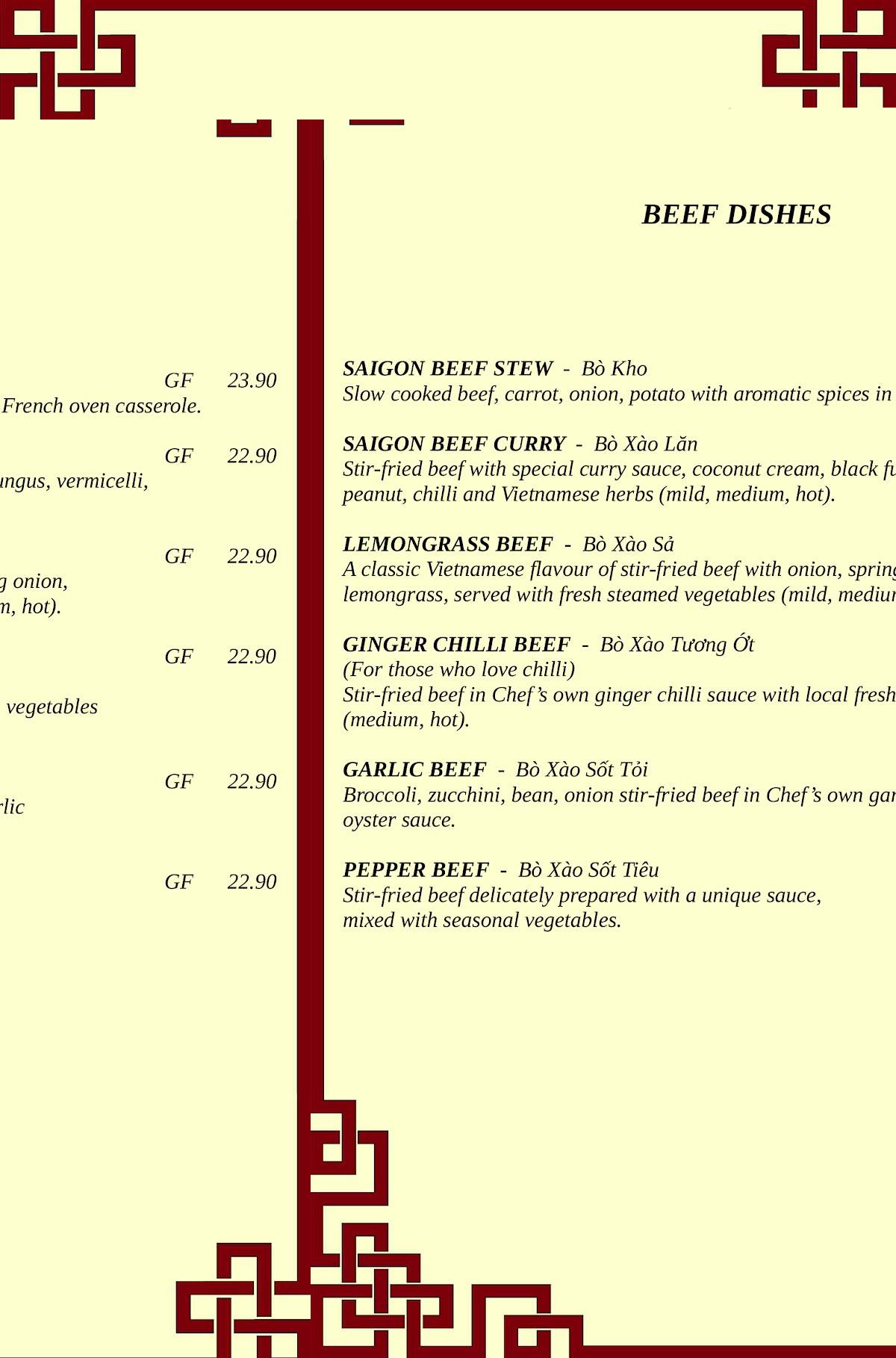 Menu at Saigon Silver Sands restaurant, South Yunderup
