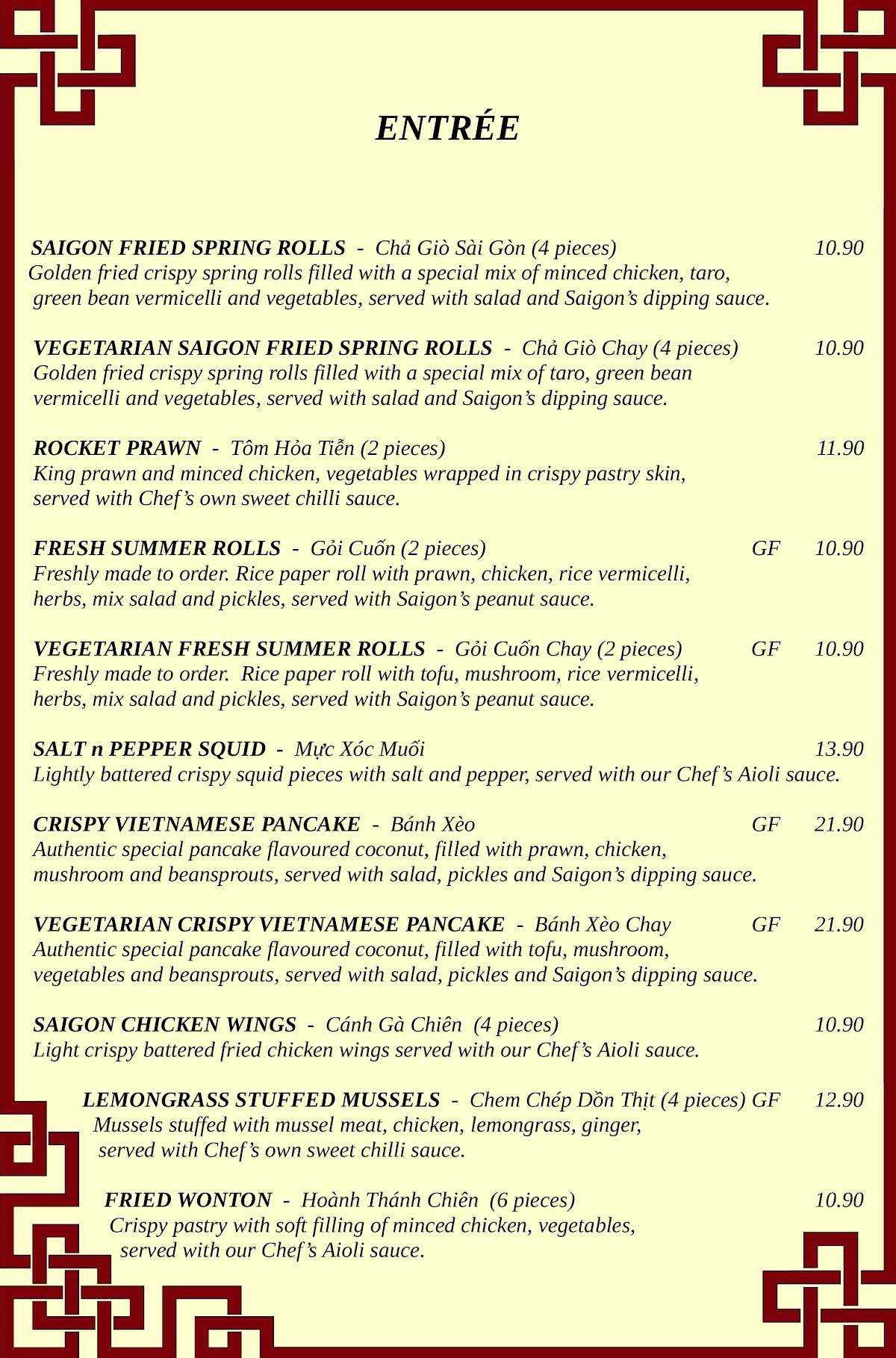 Menu at Saigon Silver Sands restaurant, South Yunderup